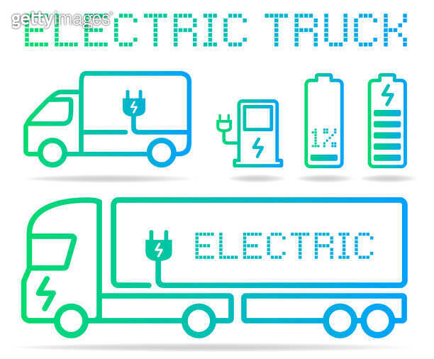 electric truck vector icons set truck, van, charge station, plug, eco ...