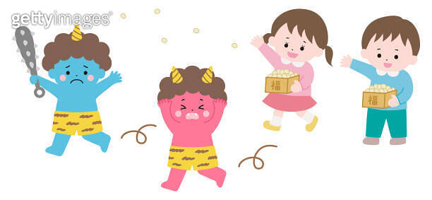 A vector illustration of a running demon and a child throwing beans ...
