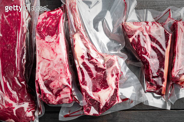 Beef steak vacuum, tomahawk, t bone, club steak, rib eye and tenderloin ...