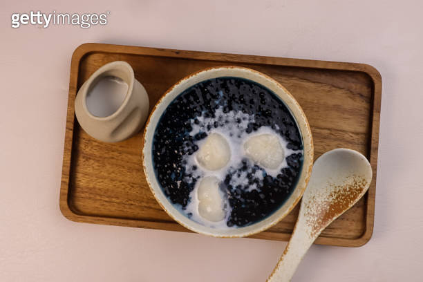 Sago Thai Dessert, Blue Tapioca Pearls with Longan in Coconut Sauce ...
