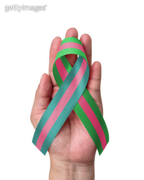 Metastatic Breast Cancer (MBC) awareness with pink teal green ribbon in ...