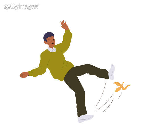 Falling man cartoon character slipping on banana peel and lost balance ...