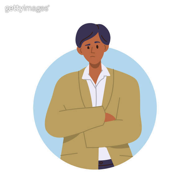 Portrait of pensive uncertain man character crossing hands thinking on ...