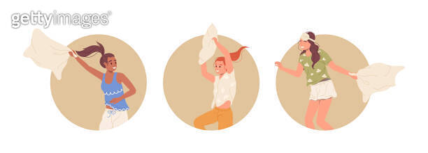 Isolated round composition with happy overjoyed woman cartoon ...
