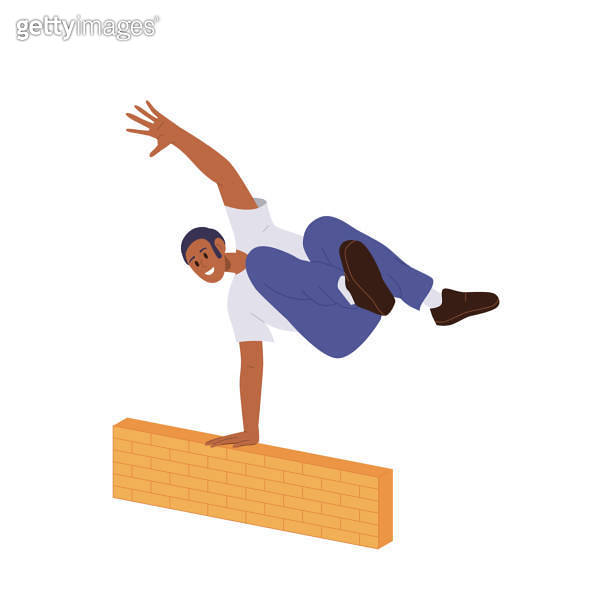 Young man cartoon character jumping over wall barrier on street, male ...