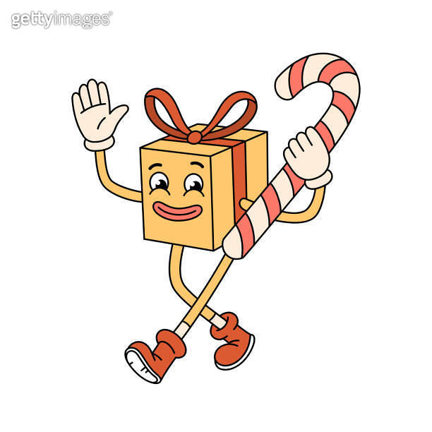 Groovy Christmas gift box character with candy cane. Retro groovy ...