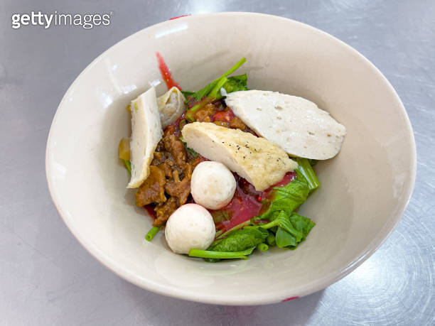 Thai street food : Yen Ta Fo or Pink noodle soup is noodles topped with ...