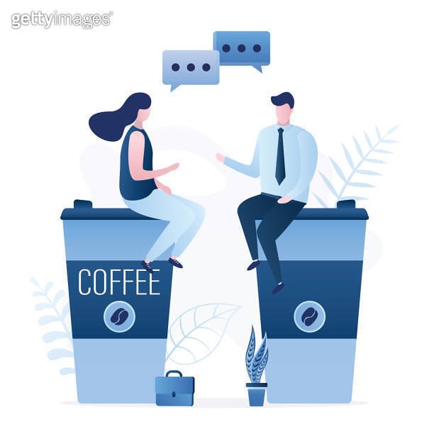 Office workers sit on large mugs of coffee and talk. Coffee break ...