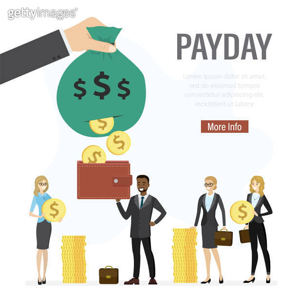 Boss hand holds money bag, coins fall out of hole. Multi ethnic ...