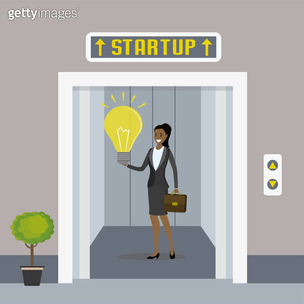 Elevator with open doors, african american businesswoman holds glowing ...