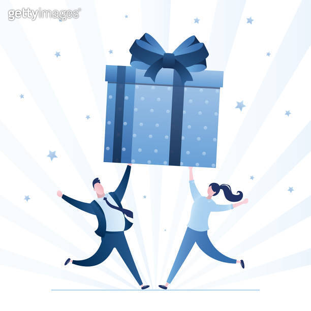 Happy business people hold gift box. Colleagues in jump with prize ...