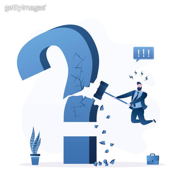 Businessman in jump uses hammer and smashing big question mark. Problem ...