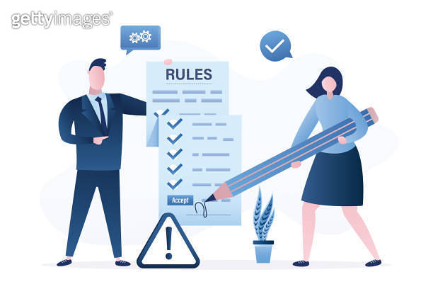 Boss holds rules and regulations document. Woman manager signed policy ...