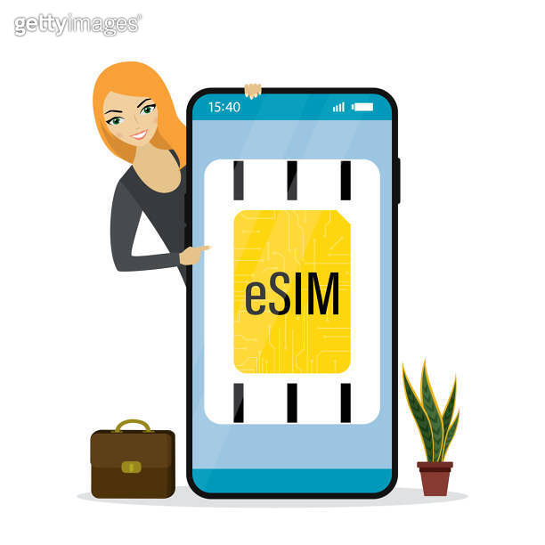 Esim, concept. Smart woman user or seller activate esim on mobile phone ...