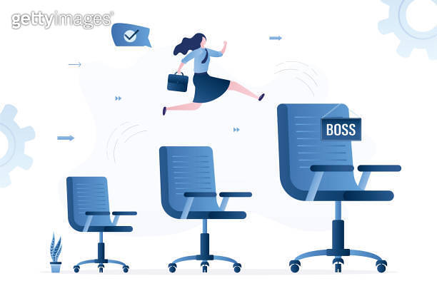 Confident businesswoman jumps from small office chair to a boss chair ...