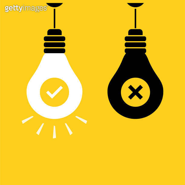 Two light bulbs - burning and extinguished. Good and bad idea ...