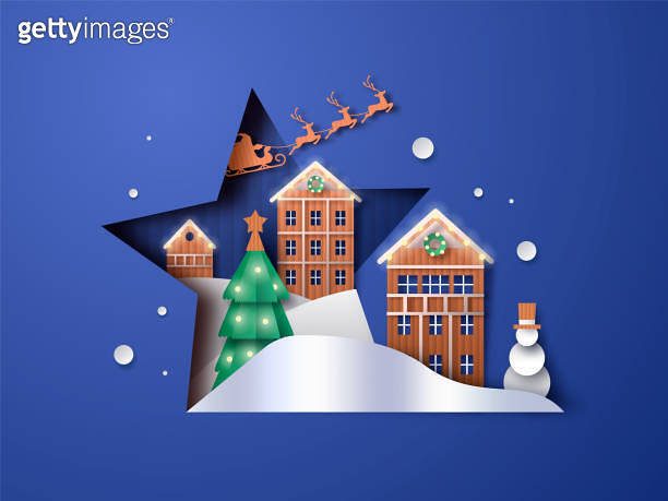 Paper cut christmas winter city santa claus sled 이미지 (1646862121) - 게티이미지뱅크