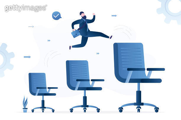 Confident businessman jumps from small office chair to a boss chair ...