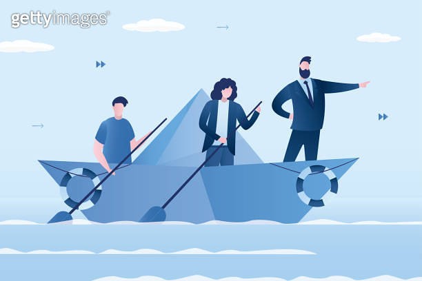 Business team with leader sailing on paper boat in ocean of ...