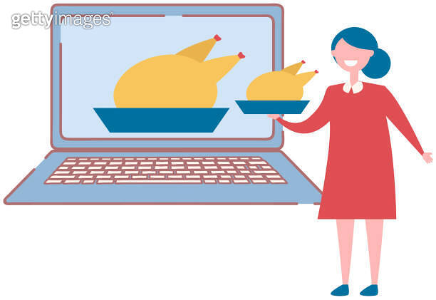 Woman watches recipe video on laptop. Lady prepares turkey or chicken ...