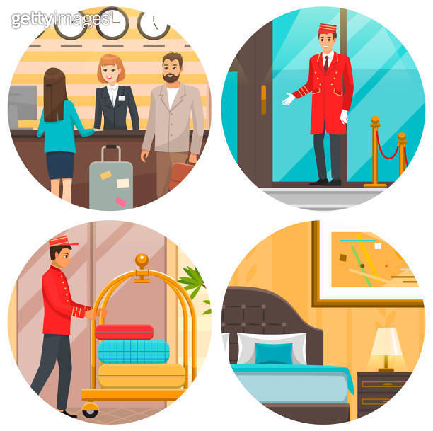 Set of hotel daily routine scenes. Tourist at reception counter, living ...