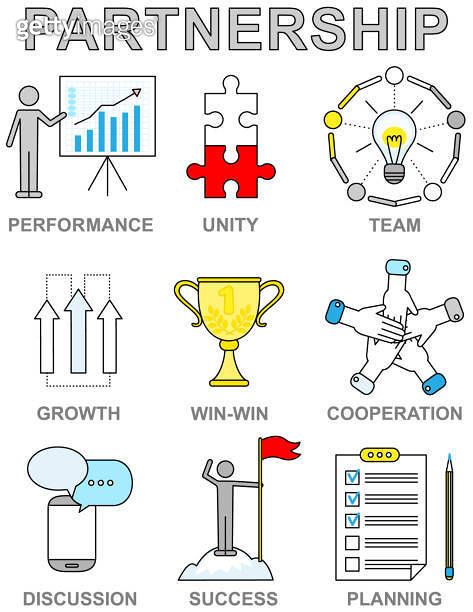 Partnership, cooperation and teamwork icons set. Employees giving ...