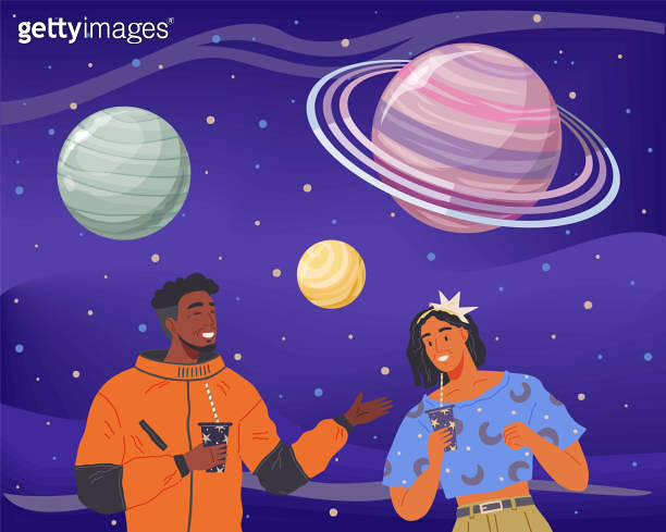 People have conversation at space disco. Characters standing and ...