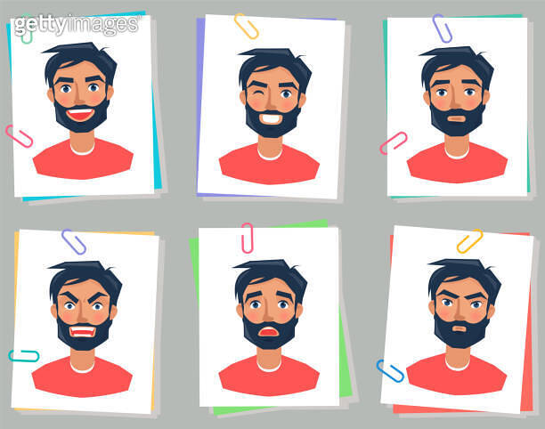 Positive and negative face expressions of man. Photographs of bearded ...