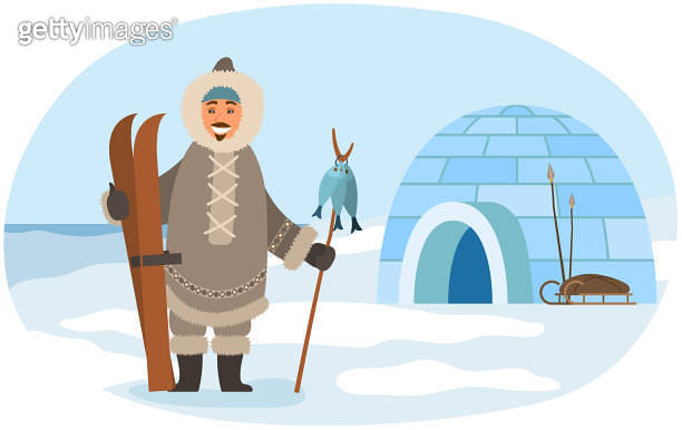 Eskimo with fish after fishing stands near igloo. Man in warm clothes ...