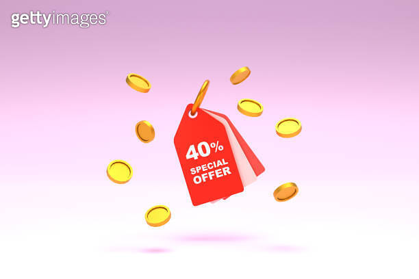3D Rendering. Price tag with 40 percent discount and surrounded with ...