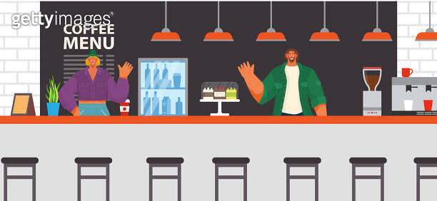 Coffeehouse, coffee shop or cafe with male and female workers, seller ...
