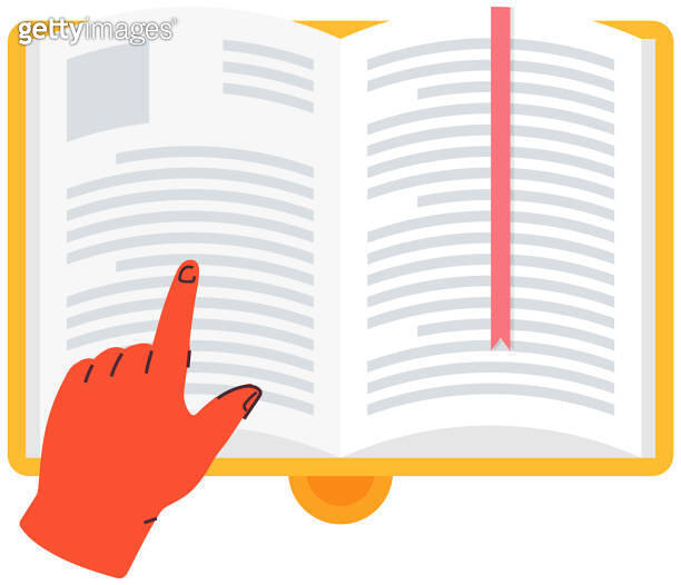 Hand points to book with paper pages and bookmark. Reading literature ...
