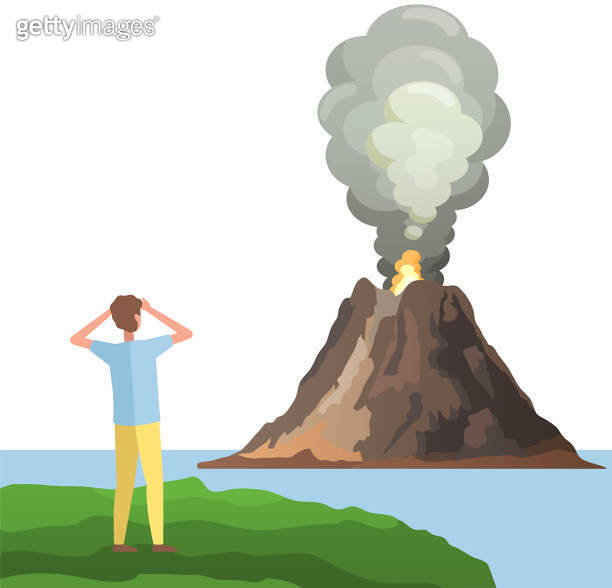 Guy watching volcanic eruption with magma. Shocked man looking at rock ...