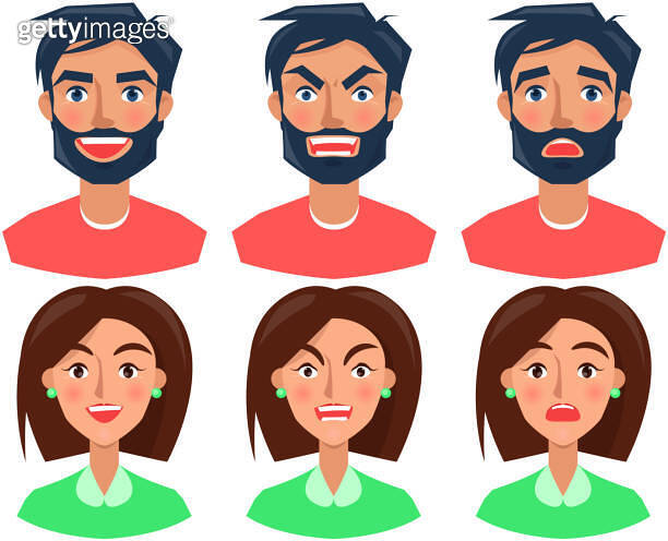 Set of positive and negative face expressions of man and woman. Cute ...