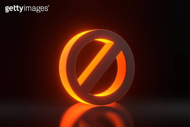 Prohibited sign with bright glowing futuristic orange neon lights on ...