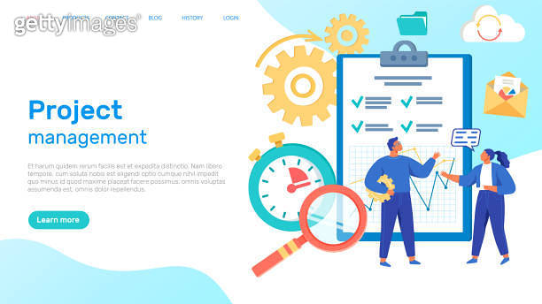 Website for project management web page template. People work with ...