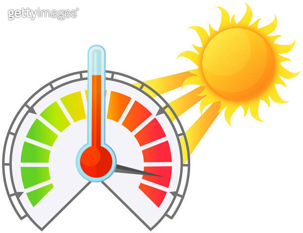 Thermometer with rising temperatures in hot weather. Circular measuring ...