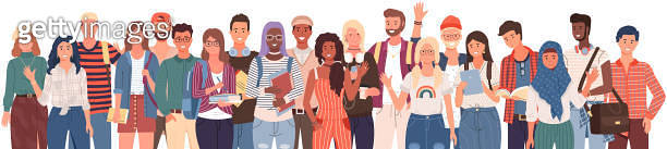 Diverse college, university students standing in line. Multicultural ...