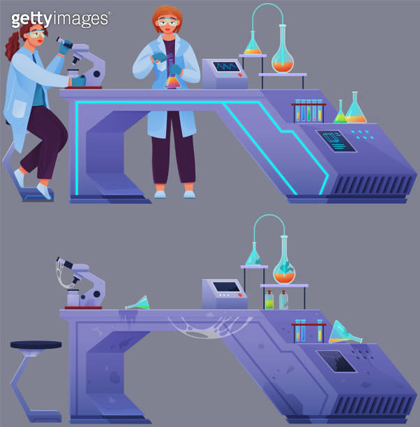 Scientist in lab conduct experiment. Study of technology with equipment ...