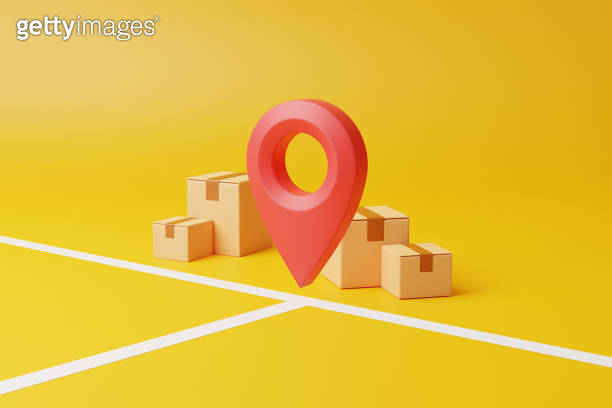 Group of brown cardboard boxes with red location pointer with white ...