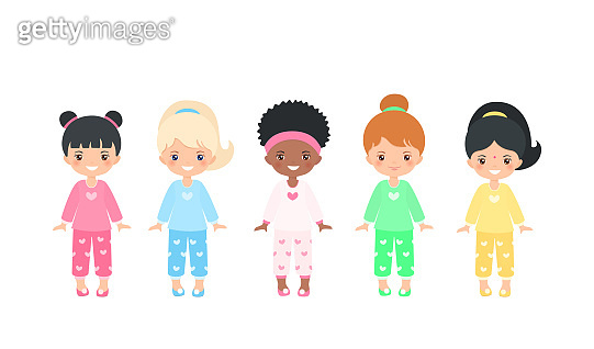 Set of chibi girls characters dressed in pajamas (1456526354) - 게티이미지뱅크