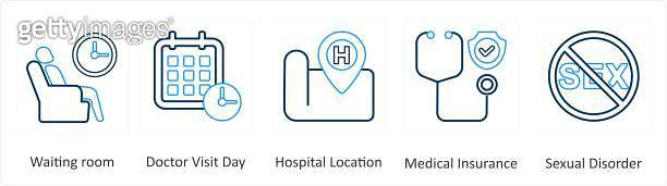 A set of 6 Medical icons as waiting room, doctor visit day, hospital ...