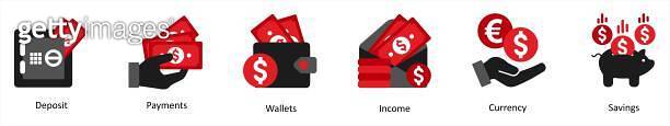 Six finance icons in red and black as deposit, payments, wallets 이미지 ...