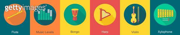 A set of 6 music icons as flute, music levels, bongo (1460960900) - 게티이미지뱅크
