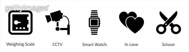A set of 5 Mix icons as weighing machine, cctv, smart watch 이미지 (1493411964) - 게티이미지뱅크