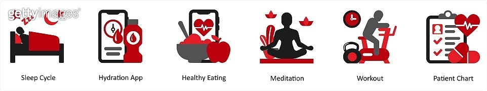 Six mix icons in red and black as sleep cycle, hydration app, healthy ...