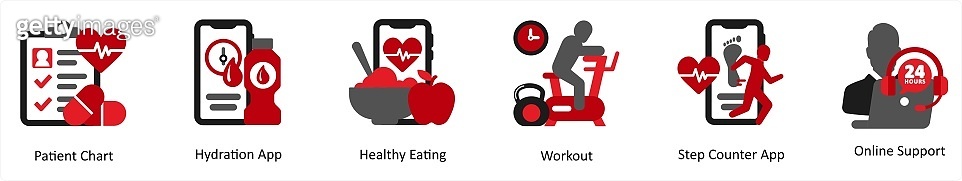 Six mix icons in red and black as patient chart, hydration app, healthy ...