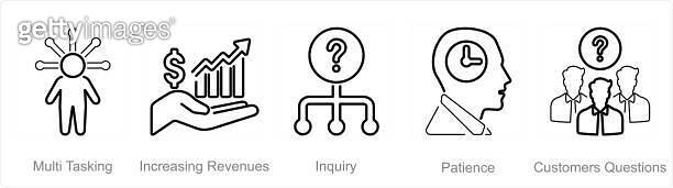 A set of 5 customer service icons as multi tasking, increasing revenues ...