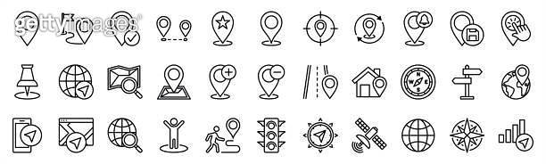 Location line icons set. Navigation icons. Map pin place marker icon symbol. Direction, compass ...