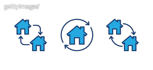 Home change icon. House in circular arrow. Home makeover. House and ...